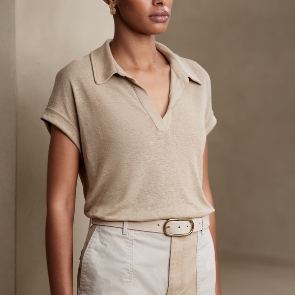 Banana Republic | Tops | Linenblend Johnnycollar Top Maverick Tan ...